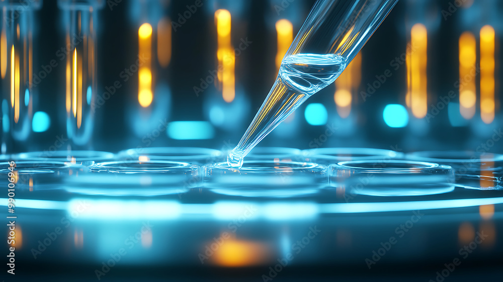 A biology lab scene with a focus on a pipette analyzing a sample ...