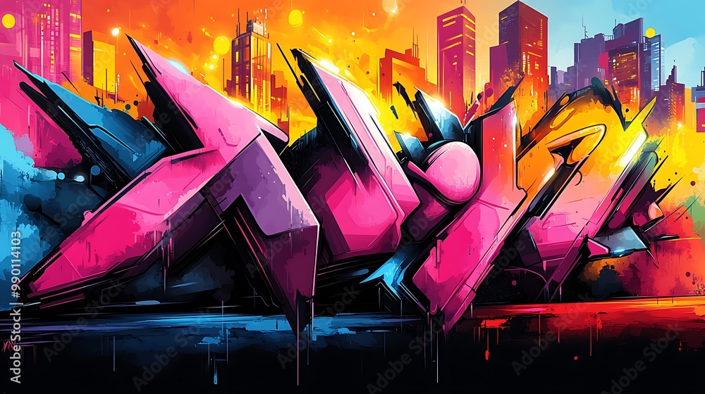 Futuristic shapes combined with bold graffiti strokes, glowing neon ...