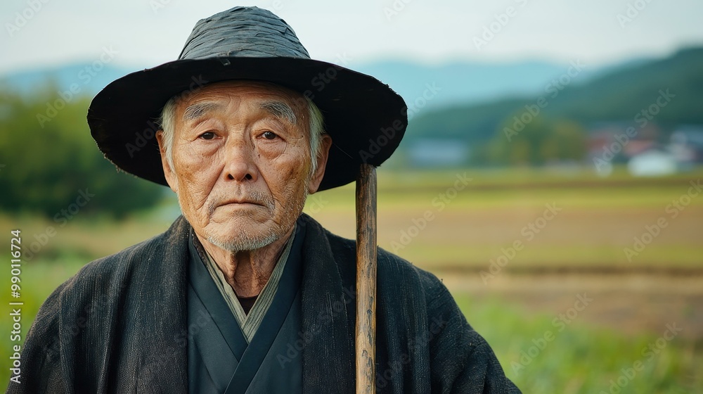 An elderly farmer stands proudly in his field, reflecting years of toil ...