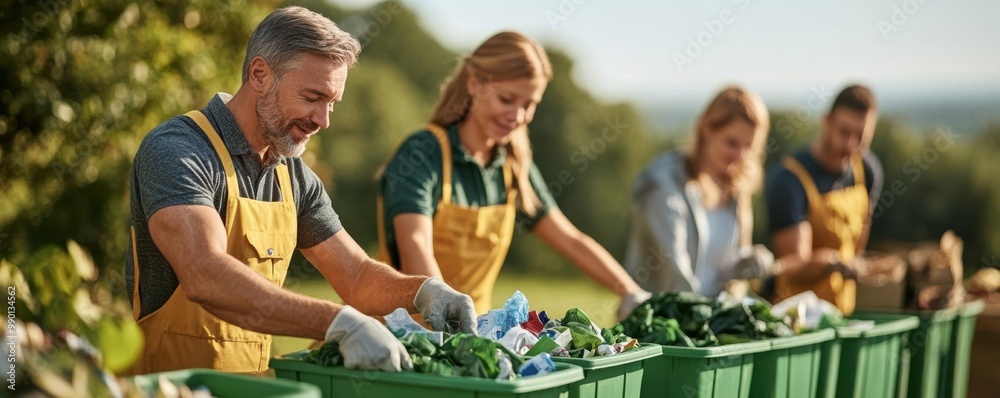 People sorting waste into green recycling bins during a park cleanup ...