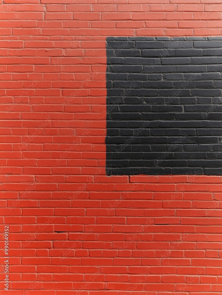 Red brick wall with a black square painted over the right side ...