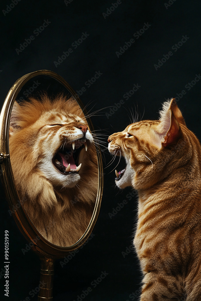 Confident Cat Looking in the Mirror Seeing a Lion. Motivational kitty ...