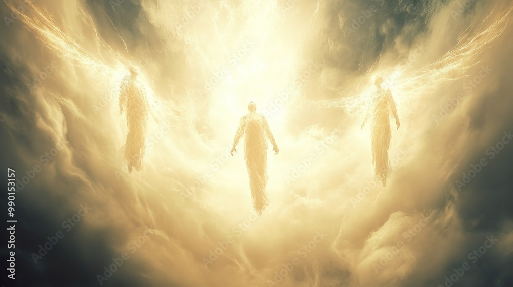 Celestial beings arise from radiant clouds, illuminating the sky during ...