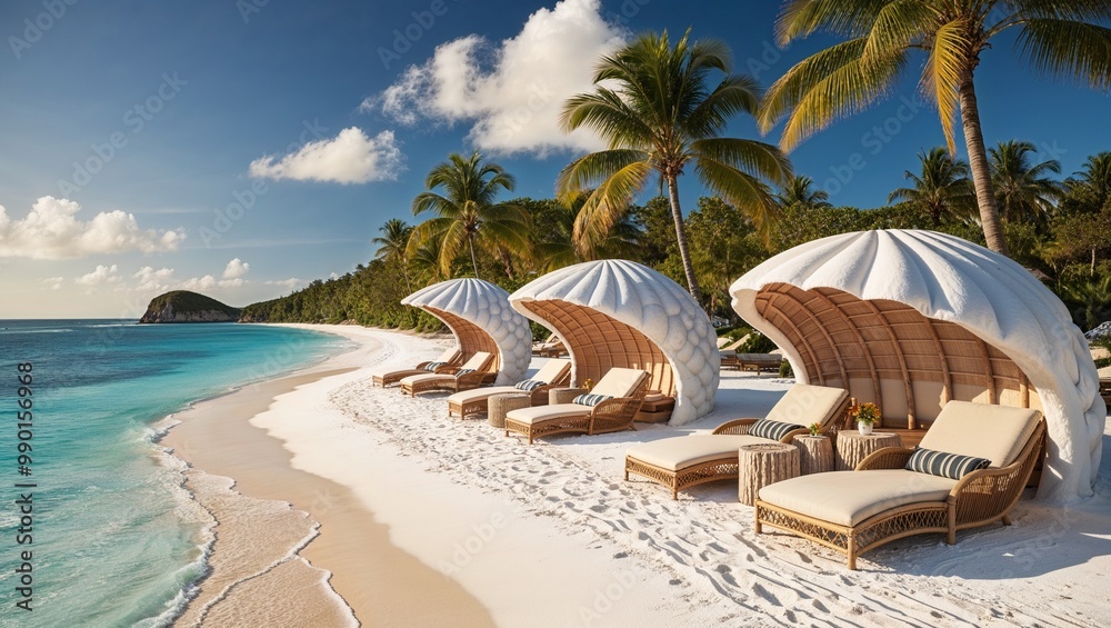tropical beach scene featuring three uniquely designed cabanas with ...