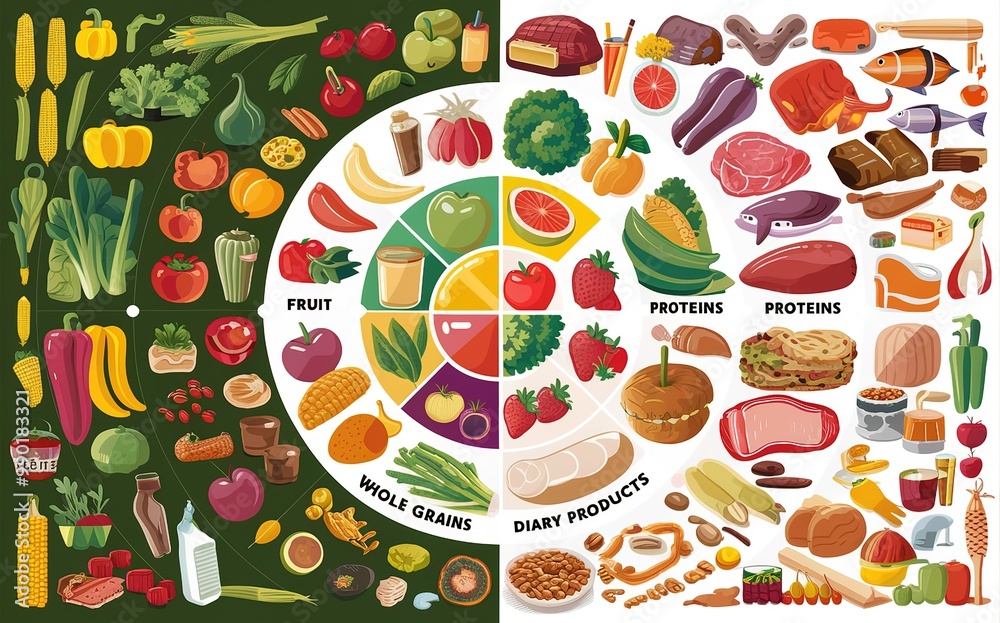 Variety of food items categorized into vegetables, fruit, whole grains ...