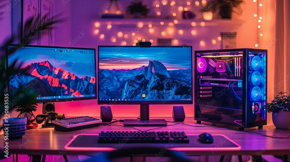 Gaming Setup with Two Monitors, a PC Tower, and a Mountain Landscape ...