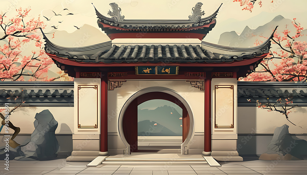 Classical Chinese style gate background design, featuring traditional ...