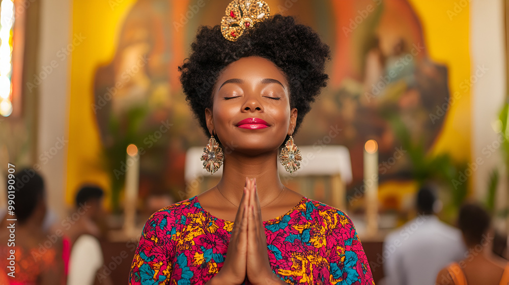 Black woman pray and hands in church with eyes closed Sunday service ...