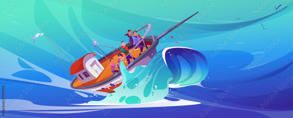 Fishing boat with men and teenagers on board having accident and ...