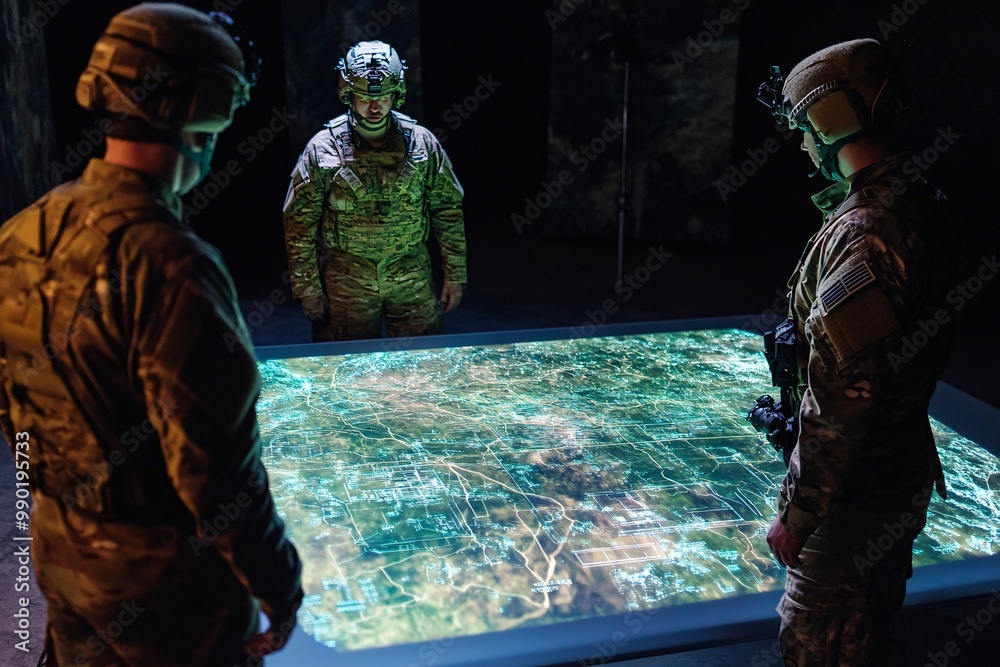Military personnel analyze strategy using advanced technology on a ...