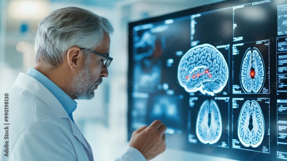 Doctor examining a patient s brain scan, highlighted neural pain points ...