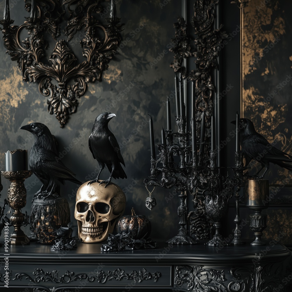 Gothic Halloween scene with skull, raven. Goth designs mockup with dark ...