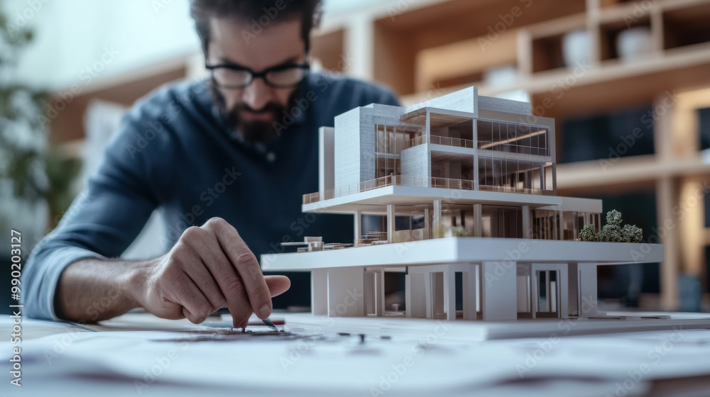 focused architect is analyzing architectural blueprints while working ...