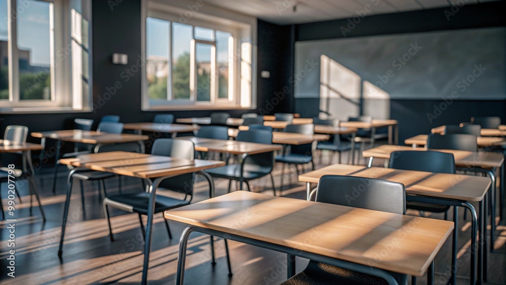 Desks and Chairs in a Sunlit Classroom, Window View – Great for E ...