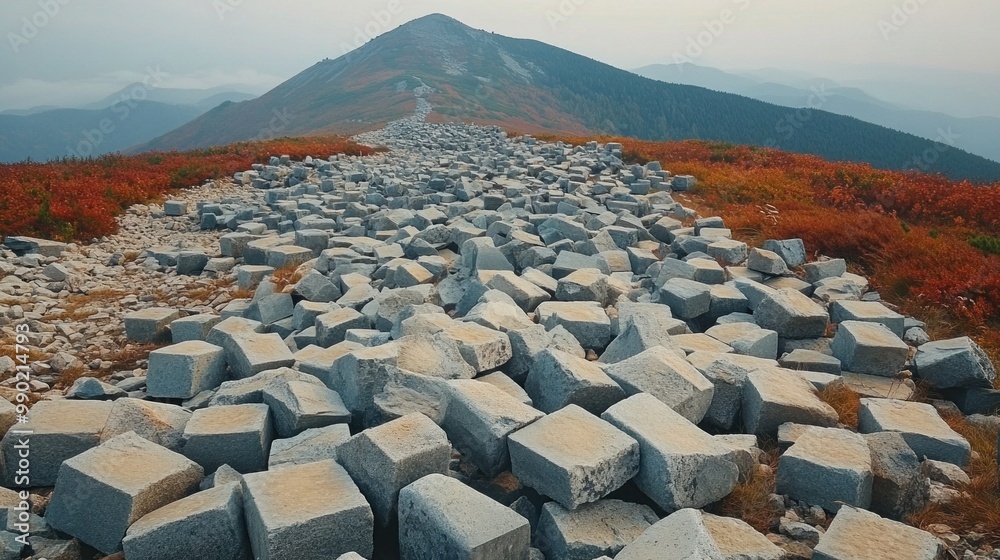 An expansive trail covered with uneven stone blocks winds its way up a ...