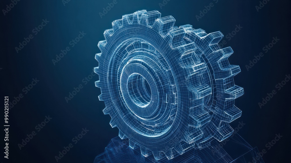 3D wireframe illustration of a gear on a dark blue background ...