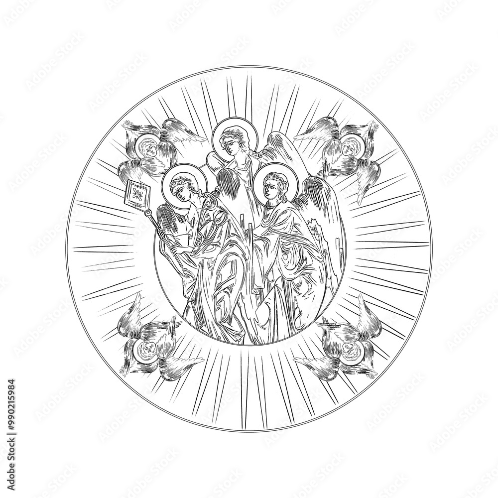 Greek medallion- coloring page with seraphim and angels in Byzantine ...