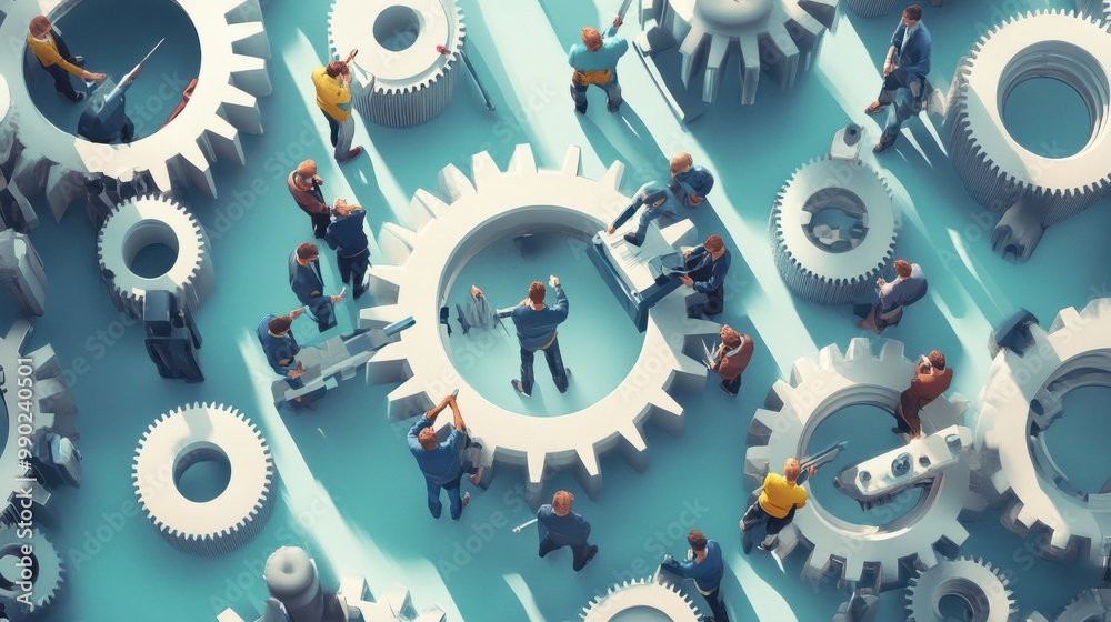 Lots of people working with gears, rotating them and making mechanism ...