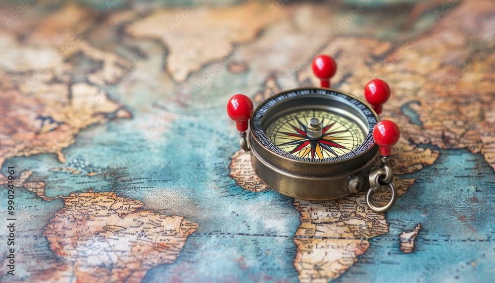 Compass on a world map, representing guidance, direction, and the ...
