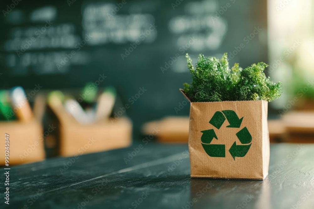 Classroom setting with recycle symbol, teaching sustainability to ...