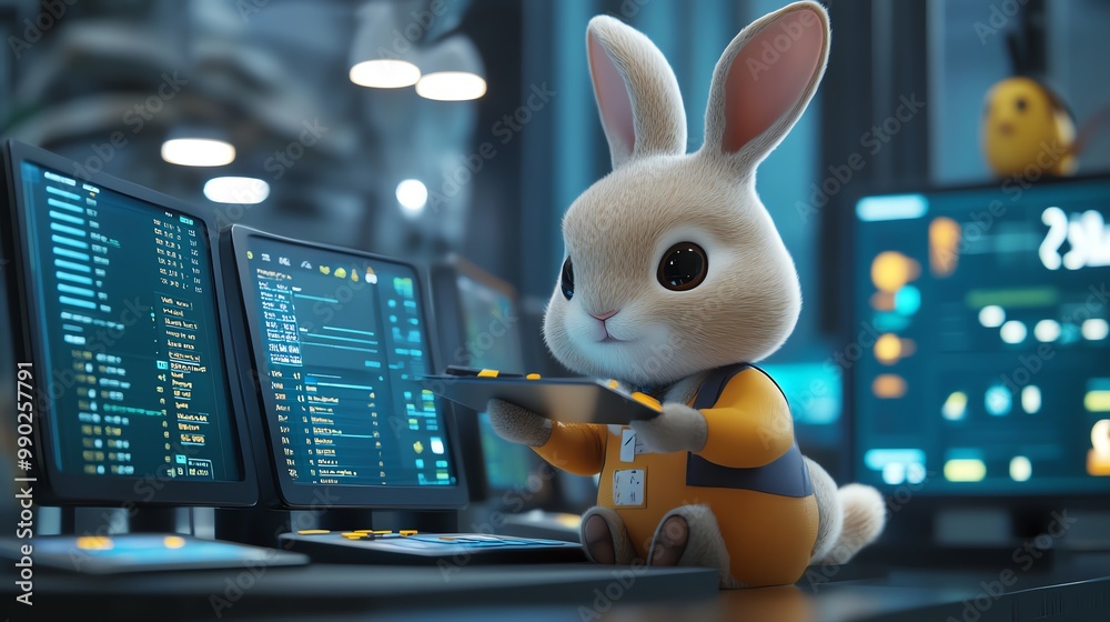 Business rabbit checking financial data on multiple screens, fastpaced ...