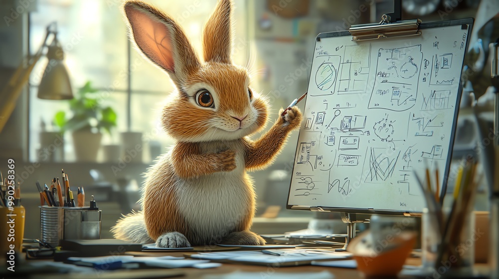 Cartoon rabbit writing on a whiteboard full of strategy diagrams in a ...