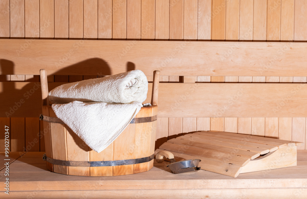 Steam bath room with traditional sauna bucket for soaking a broom ...