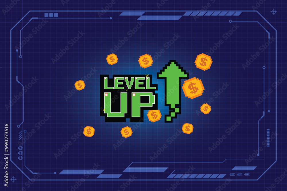 LEVEL UP !! text with gold coin on blue background. pixel art .8 bit ...