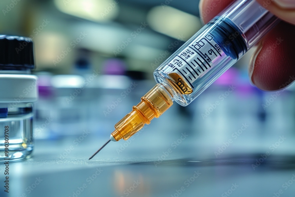 Insulin syringe. A woman's hand holds a syringe on a white background ...