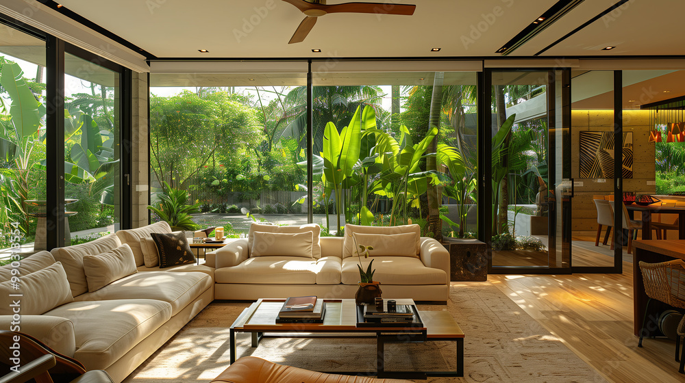 Contemporary living room interior design with a full glass wall of ...