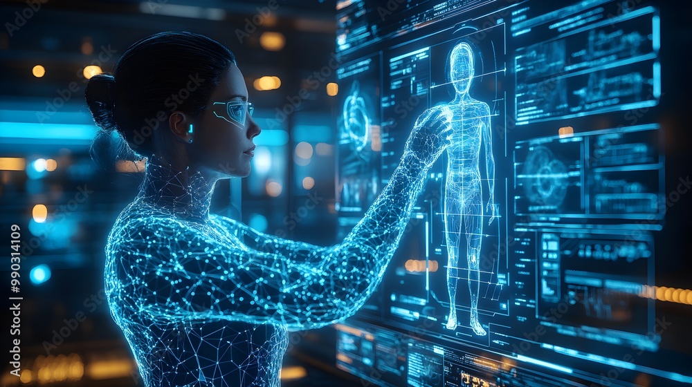 Holographic nurse vaccinating a digital avatar of a patient, glowing ...