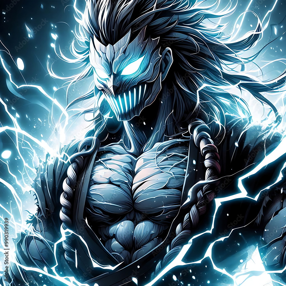 Powerful Anime Character Wearing a Ghost Mask with Fire and Thunder ...