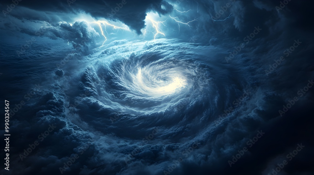 Tropical storm forming over the sea, viewed from above, swirling clouds ...