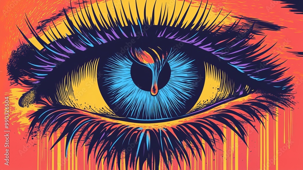 A trippy eye with a tear, designed in a retro style. This poster ...