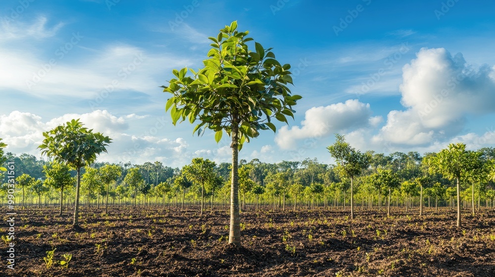 A young rubber tree with its first tapping incision made, surrounded by ...