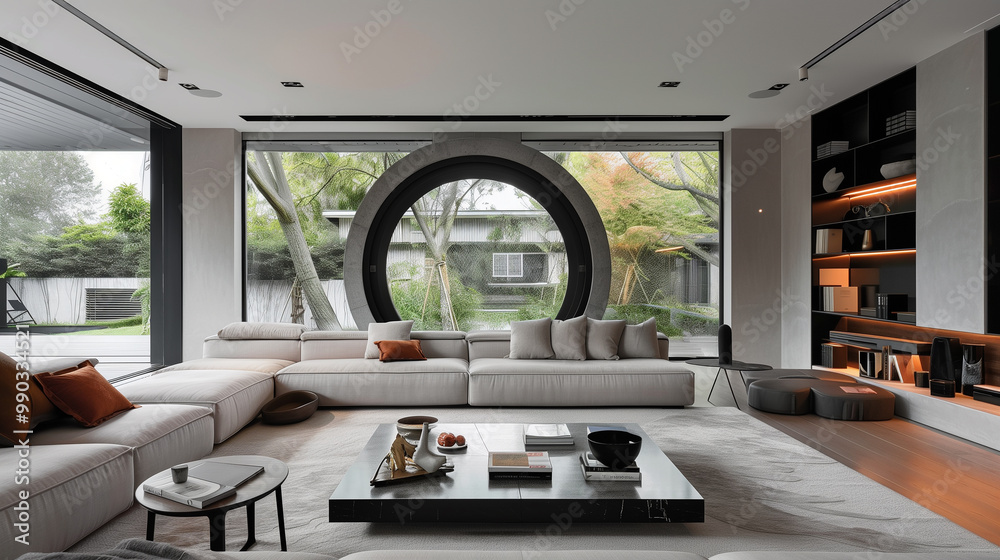 Open-plan living room interior design with a unique circular window ...