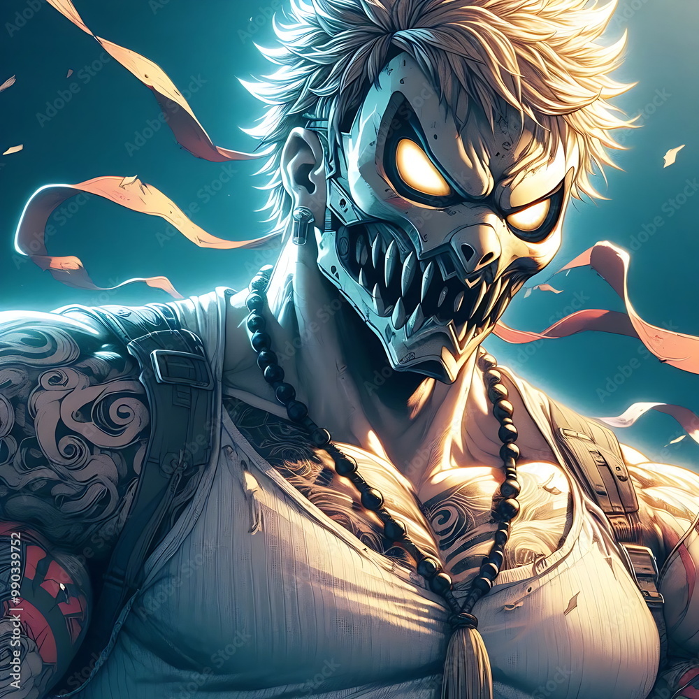 Powerful Anime Character Wearing a Ghost Mask with Fire and Thunder ...