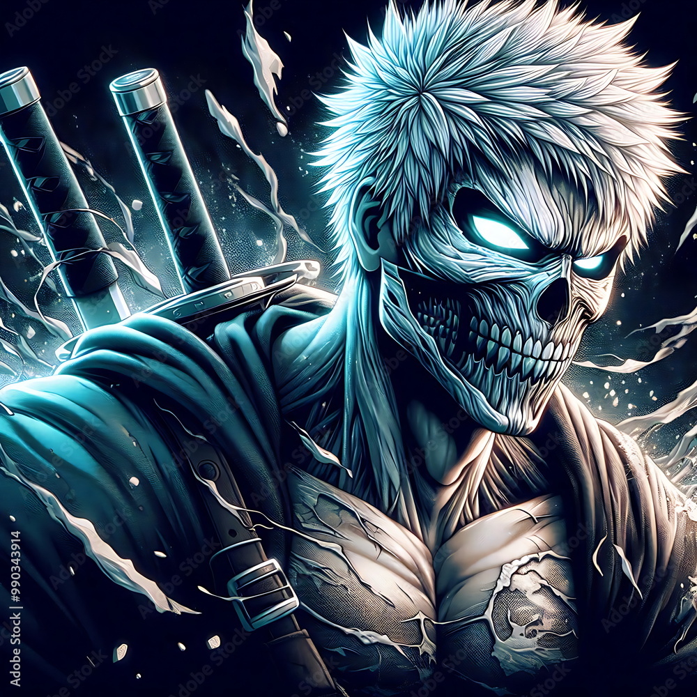Powerful Anime Character Wearing a Ghost Mask with Fire and Thunder ...