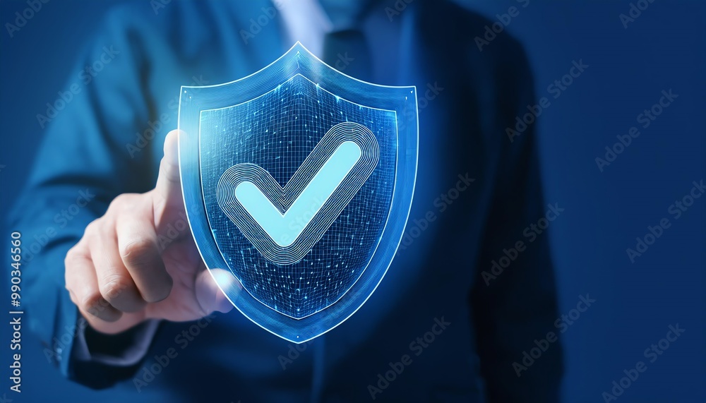 A businessman interacts with a digital shield featuring a check mark ...