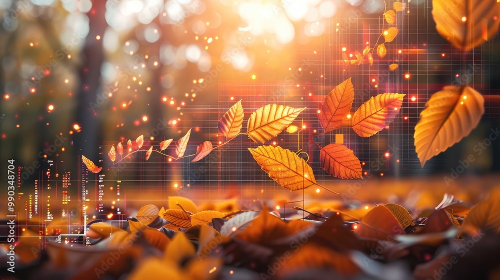 Autumn leaves falling, transforming into digital graphs and charts ...