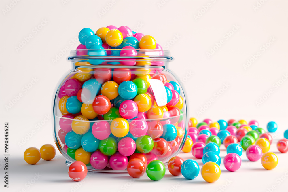 Colorful bubble gum balls spilling out of a vintage glass jar. Concept ...