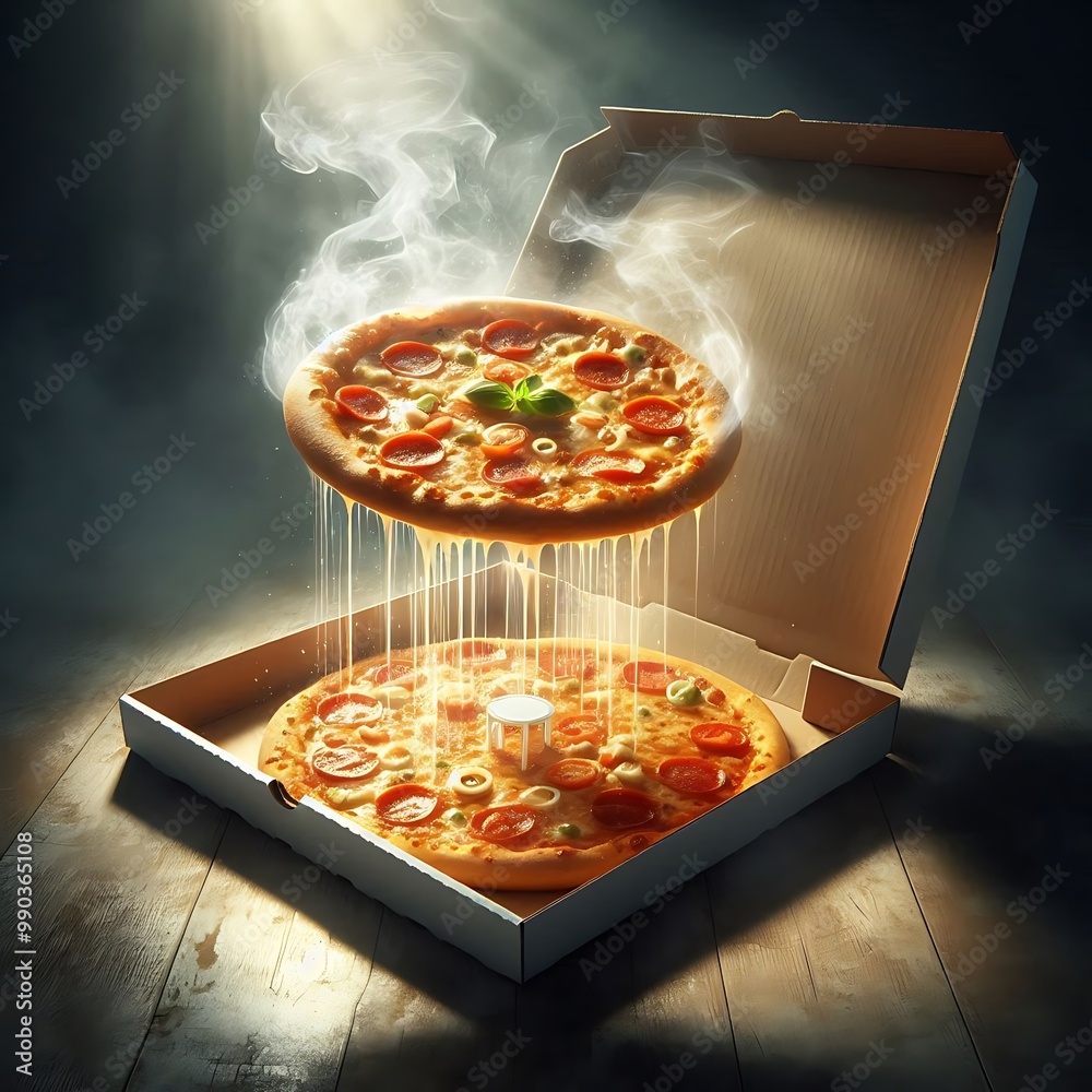 Floating Above, a Pizza Box Opens to Release a Hot Cheese Pizza that ...