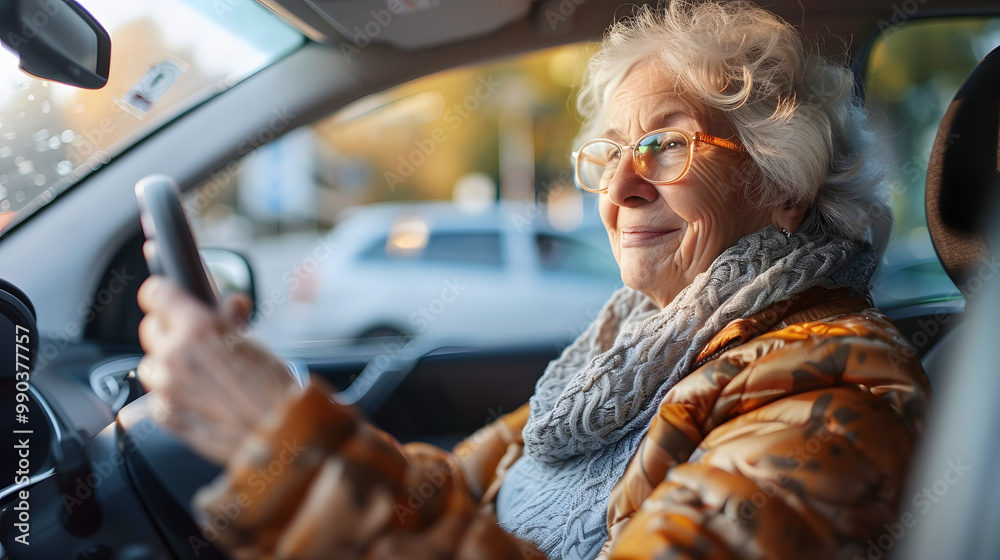 Happy senior woman driving car alone, holding smartphone and scrolling ...