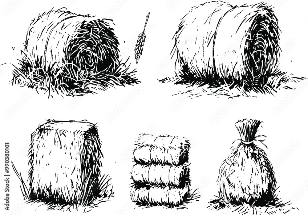 Detailed hand-drawn sketch of hay bales and haystacks on a farm ...