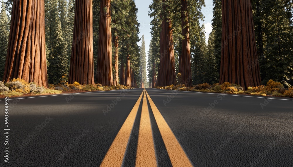 8K resolution highway winding through towering redwoods, ultra ...