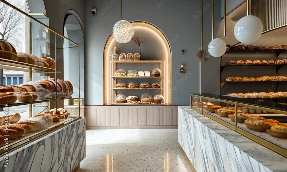 A modern bakery interior showcasing elegant displays of various baked ...