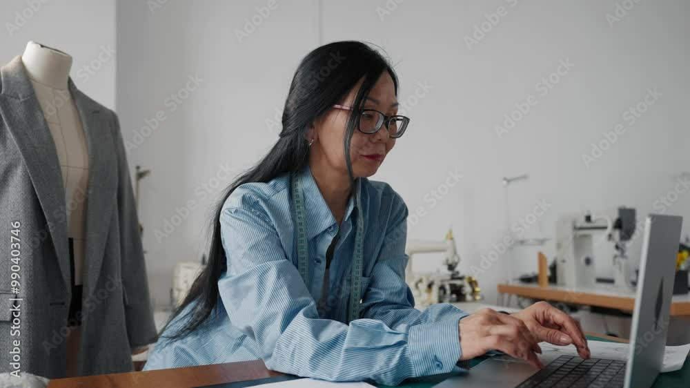 Chinese fashion designer woman working with laptop in atelier, portrait ...