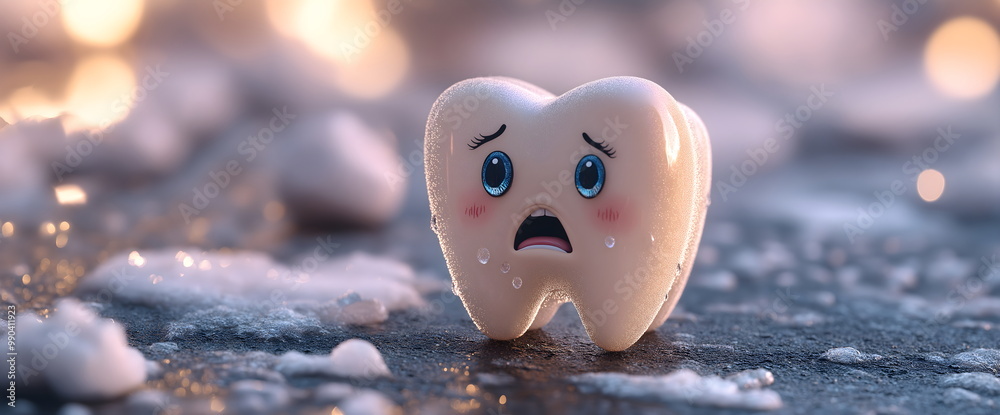 Sad tooth character with water droplets on icy surface for dental ...