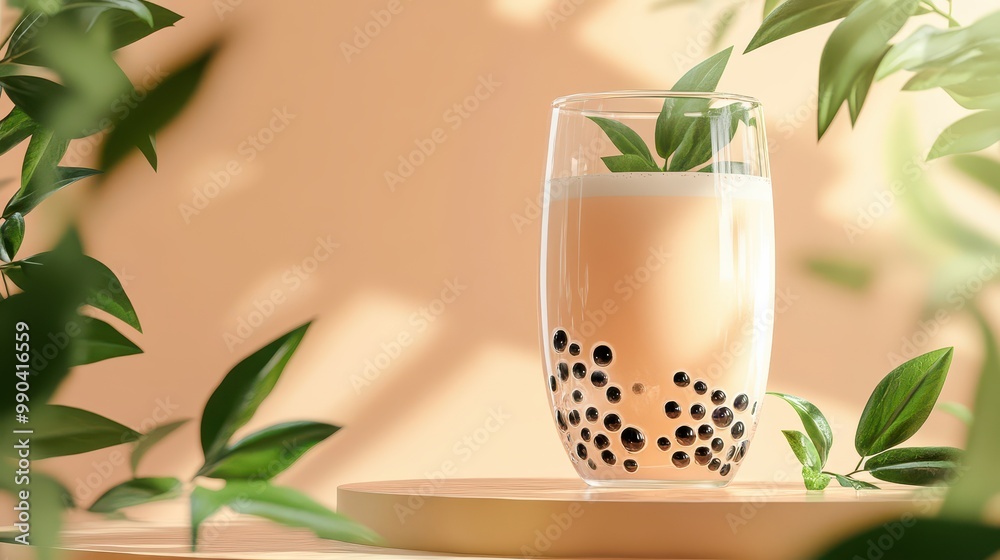 Bubble milk tea advertisement with leaves elements on summer background ...