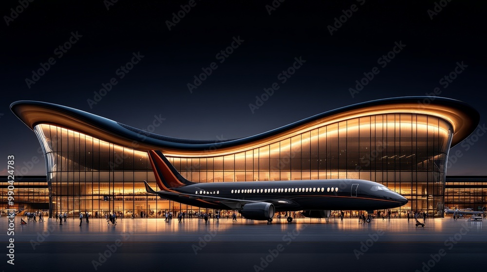 Futuristic Airport Terminal: A sleek, modern airport terminal, bathed ...
